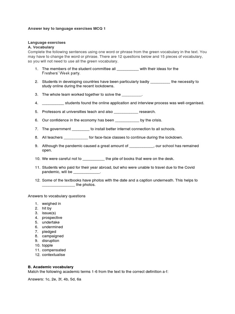 Answer Key Worksheet MCQ1 | PDF | Vocabulary | Doctor Of Philosophy