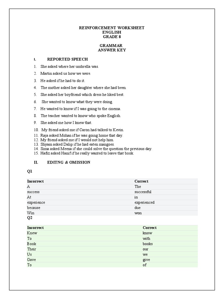 Grade 8 - Ans Key - Grammar - Reinforcement Worksheet | PDF