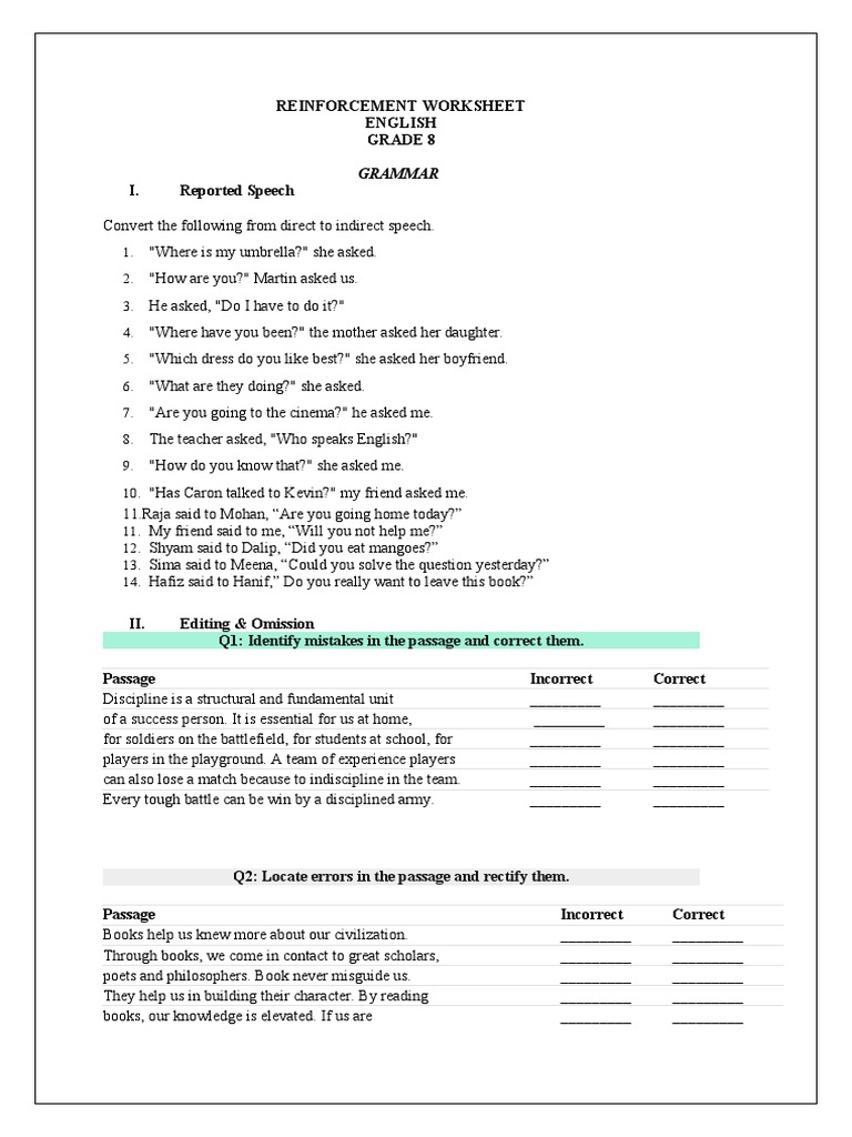 Grade 8 English Grammar Worksheet | PDF