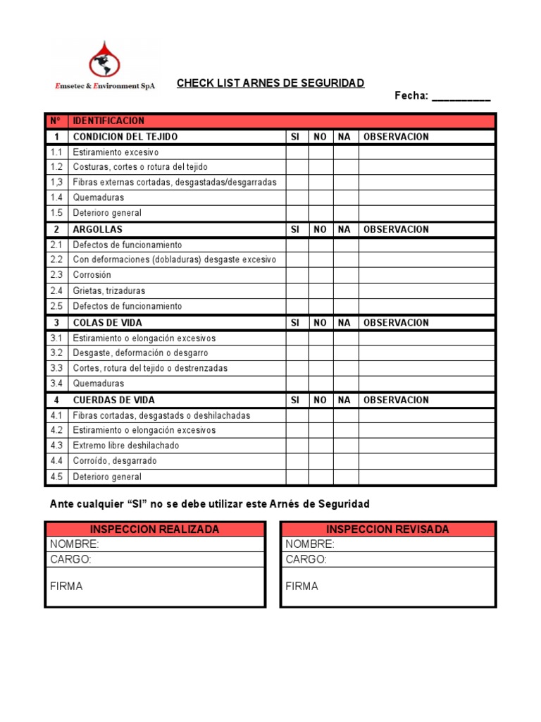 Check List Arnes de Seguridad | PDF