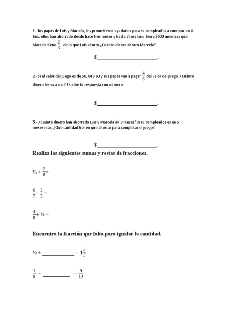Ejercicio de Fracciones | PDF