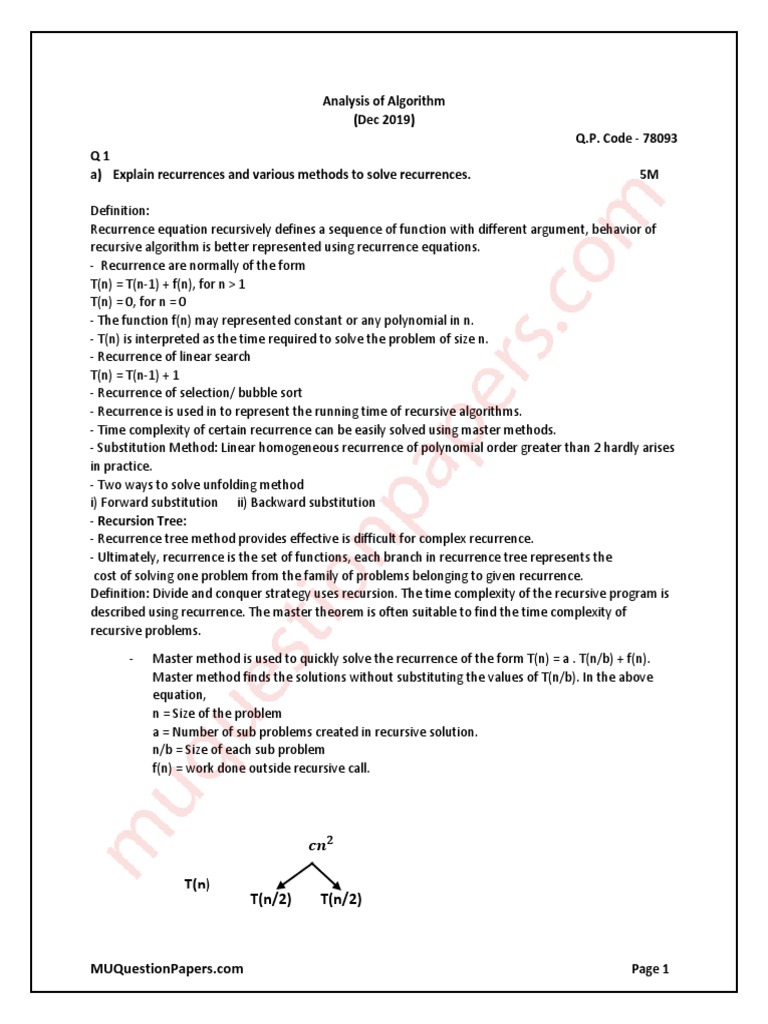 SE-Comps SEM4 AOA-CBCGS DEC19 SOLUTION | PDF | Recurrence Relation | Time Complexity