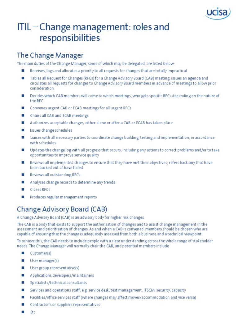 ITIL Change Management Roles | PDF