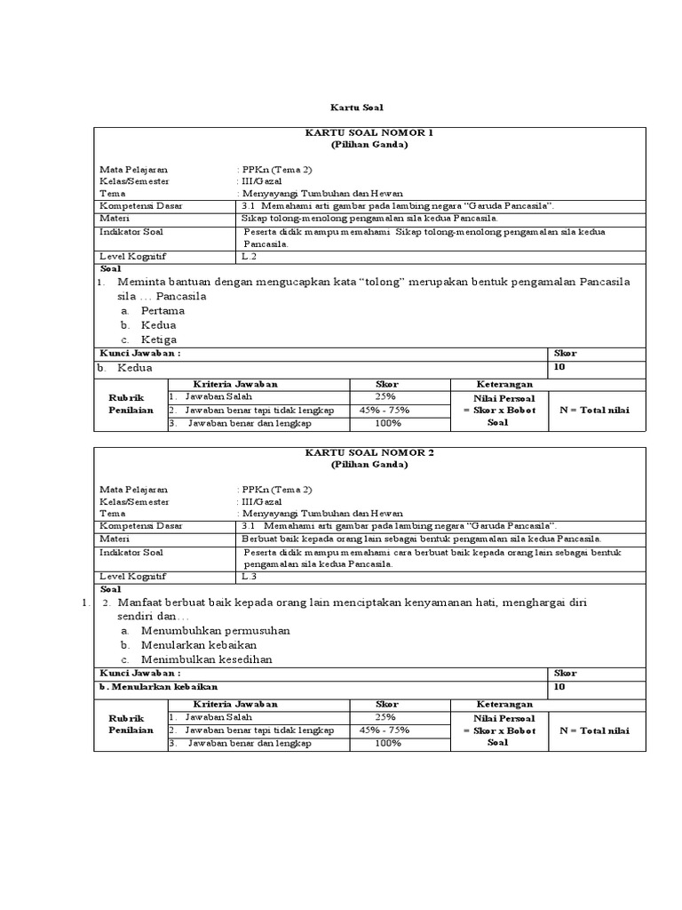KARTU SOAL Tema 2 Kelas 3 EKA | PDF