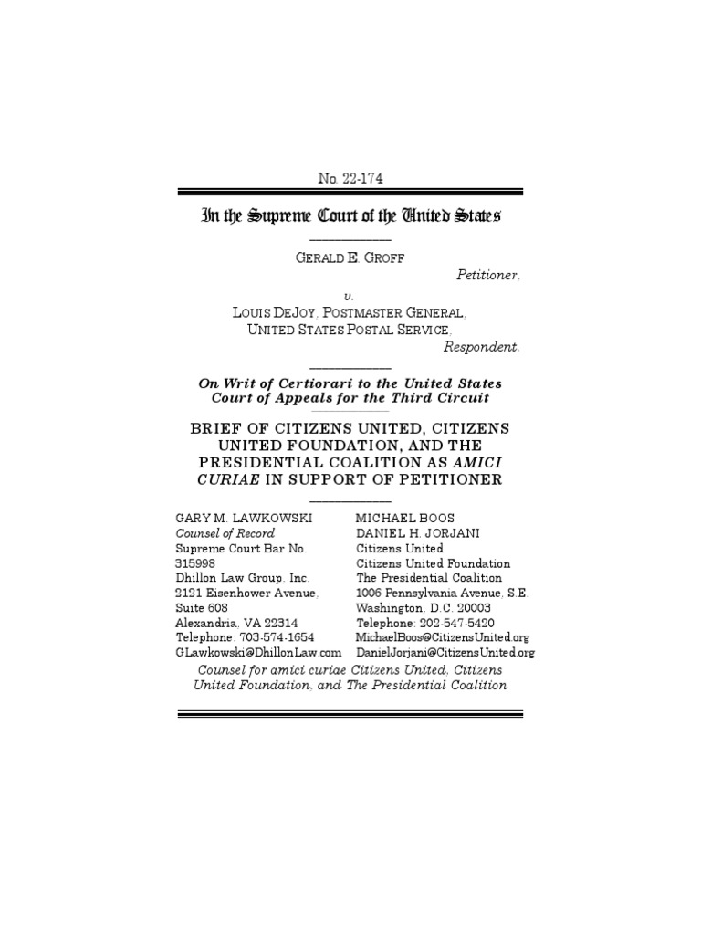CU Amicus Brief - Groff v. DeJoy (Religious Liberty) | PDF | Free ...