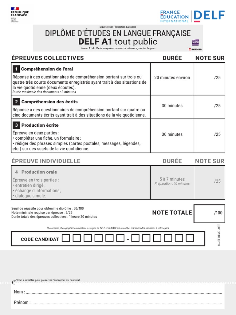 Examen DELF A1 : Sujet de démonstration | PDF