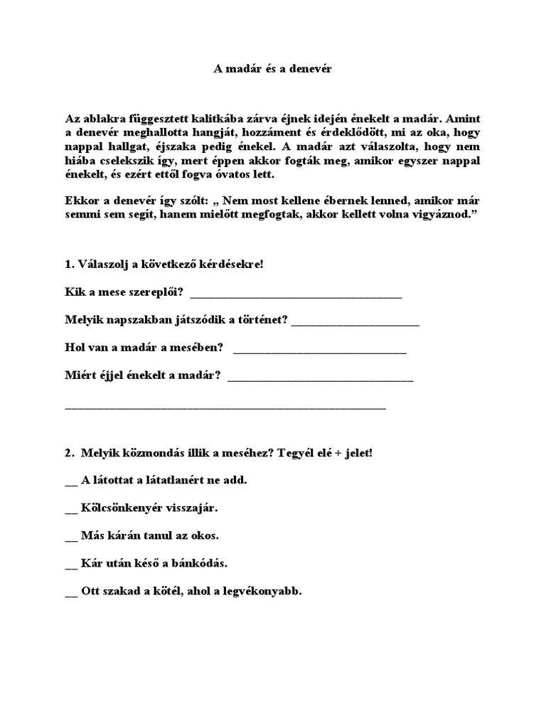 A Madár És A Denevér Szövegértés | PDF