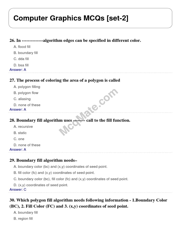 Computer Graphics Solved MCQs (Set-2) | PDF | Graphics | Algorithms And Data Structures