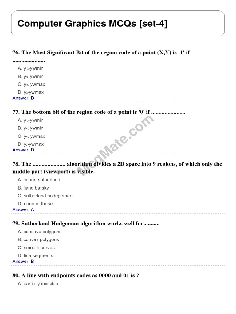 Computer Graphics Solved MCQs (Set-4) | PDF | Convex Set | Euclidean Plane Geometry