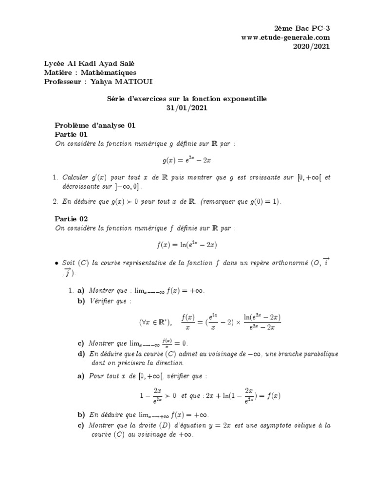Serie Dexercices Sur La Fonction Expo | PDF | Courbe | Tangente (géométrie)
