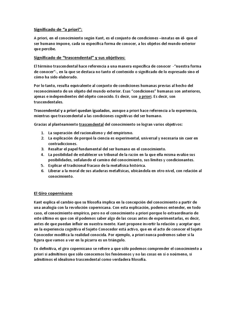 Significado de A Priori, Tascendental y Resumen Del Giro Copernicano ...
