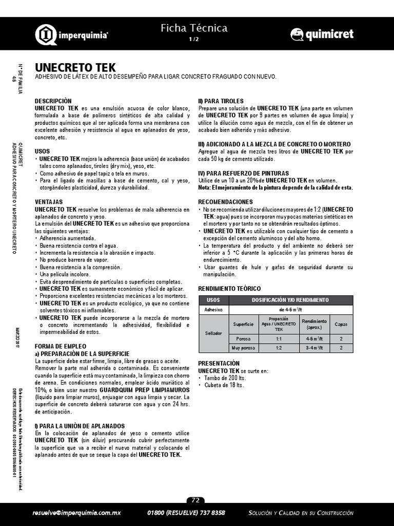 Adhesivo acuoso de látex para mejorar la adherencia y resistencia de concretos, morteros y ...