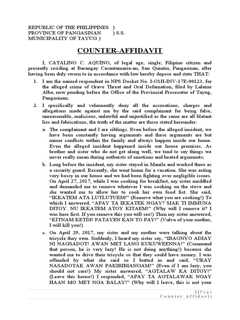 Counter Affidavit - Aquino (Grave Threat and Oral Defamation) | PDF ...