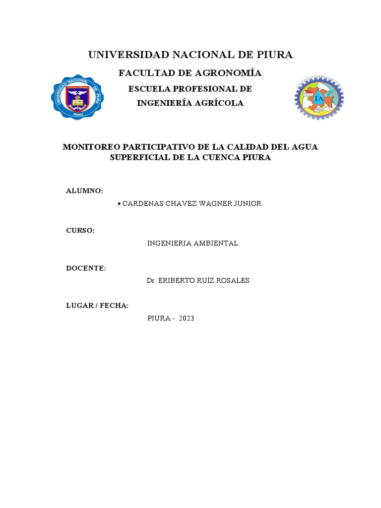 Informe Técnico Del Segundo Monitoreo Participativo de La Calidad Del Agua Superficial de La ...