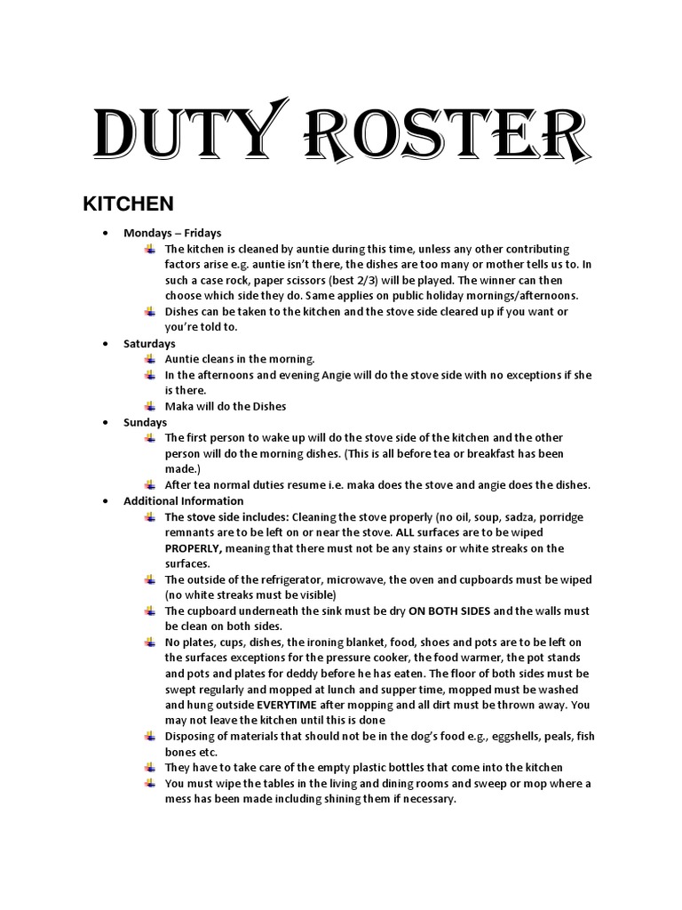 Duty Roster | PDF | Kitchen | Stove