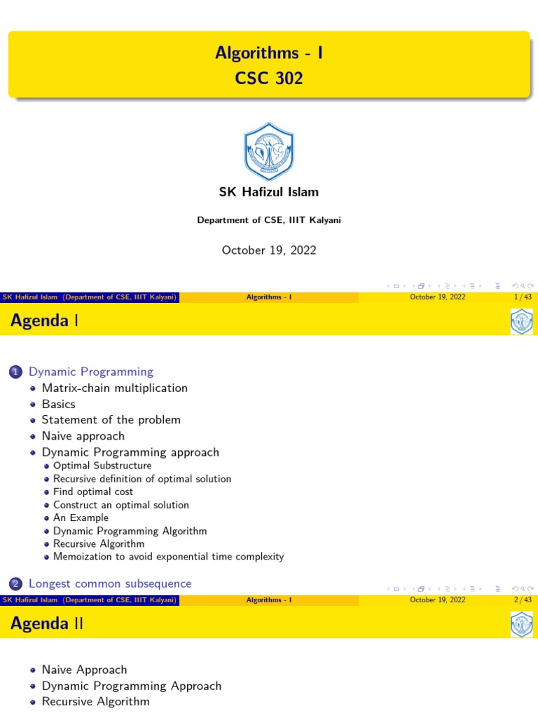 Algorithms-I CSC 302 (July-Dec2022 IIITK) L41 - L42 | PDF | Dynamic Programming | Mathematical ...