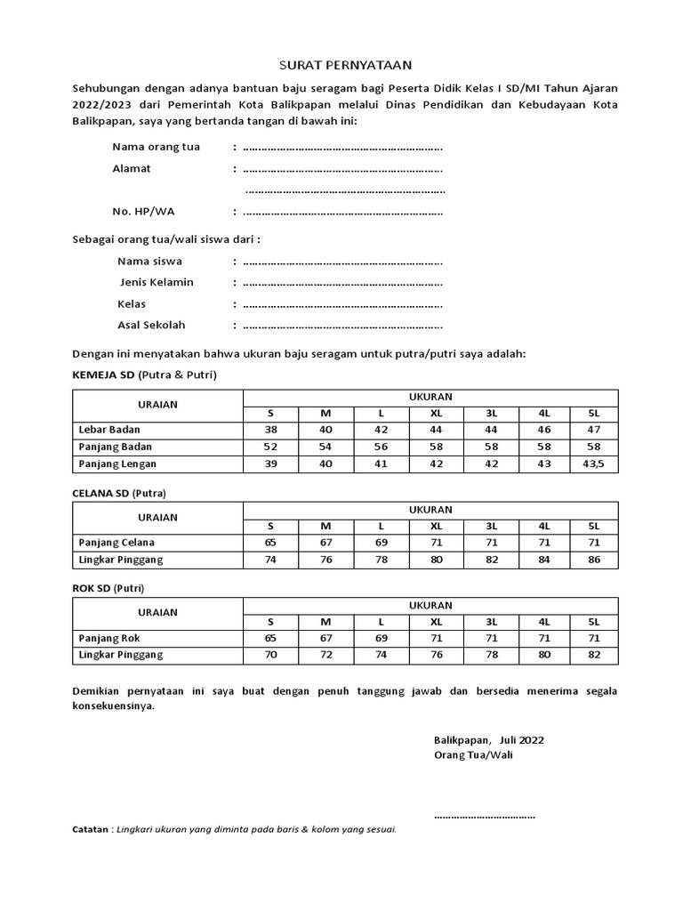 Surat Pernyataan Ortu - Ukuran Seragam | PDF