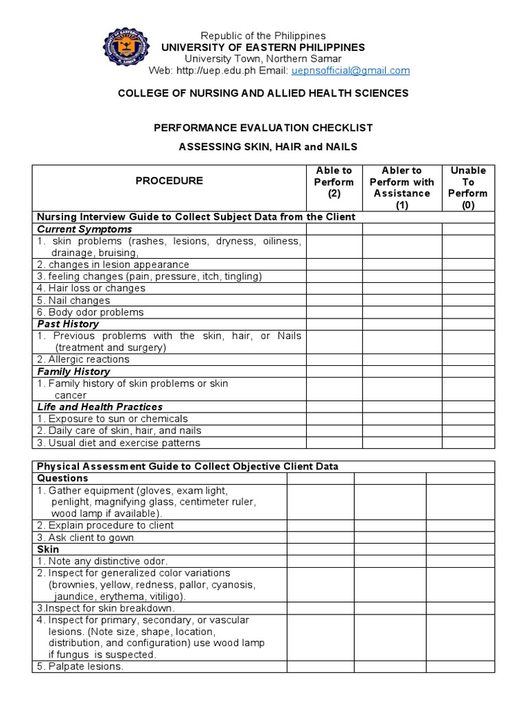 Assessing the Skin, Hair, and Nails: A Performance Evaluation Checklist ...