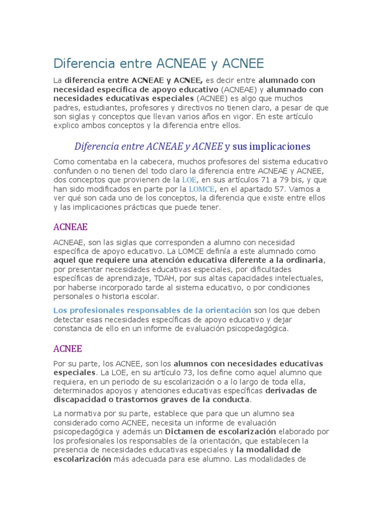 Diferencias entre ACNEAE y ACNEE | PDF | Modificación de comportamiento ...