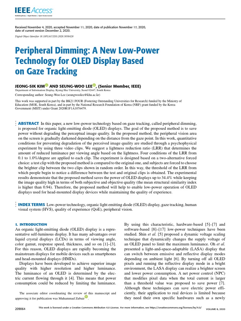 Peripheral Dimming A New Low-Power Technology For OLED Display Based On Gaze Tracking | PDF ...
