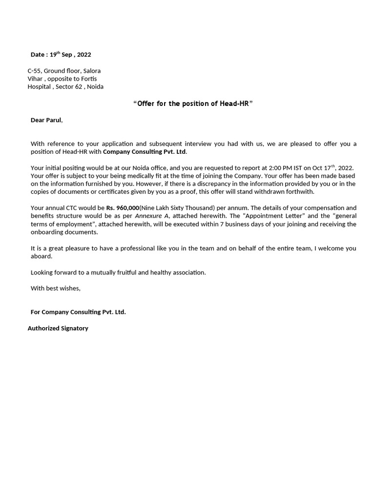 Offer Letter Sample | PDF | Salary | Economies