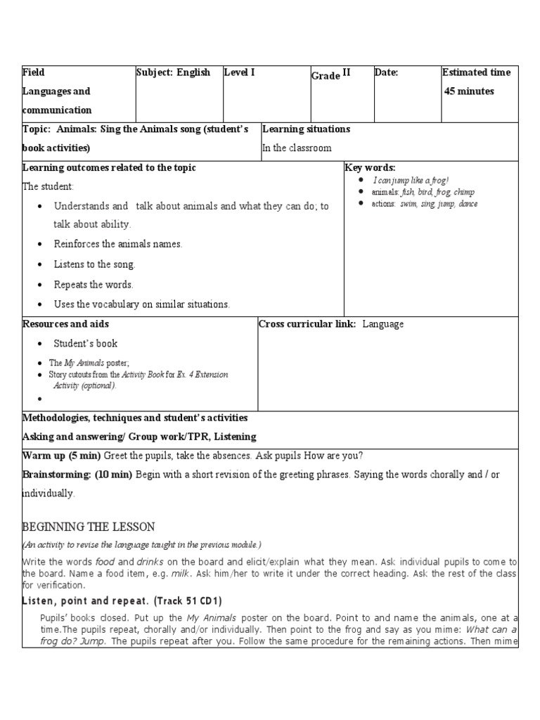 Animal Song and Actions Lesson | PDF | Cognition | Learning