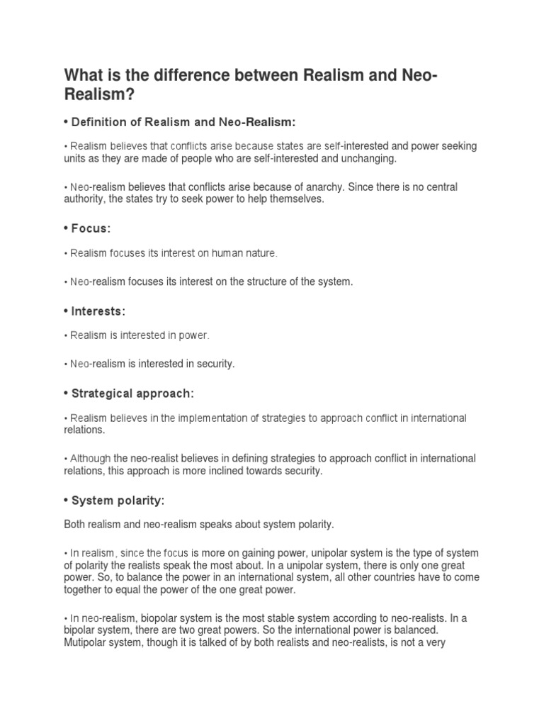 Differences Between Realism and Neo-Realism | PDF | Politics