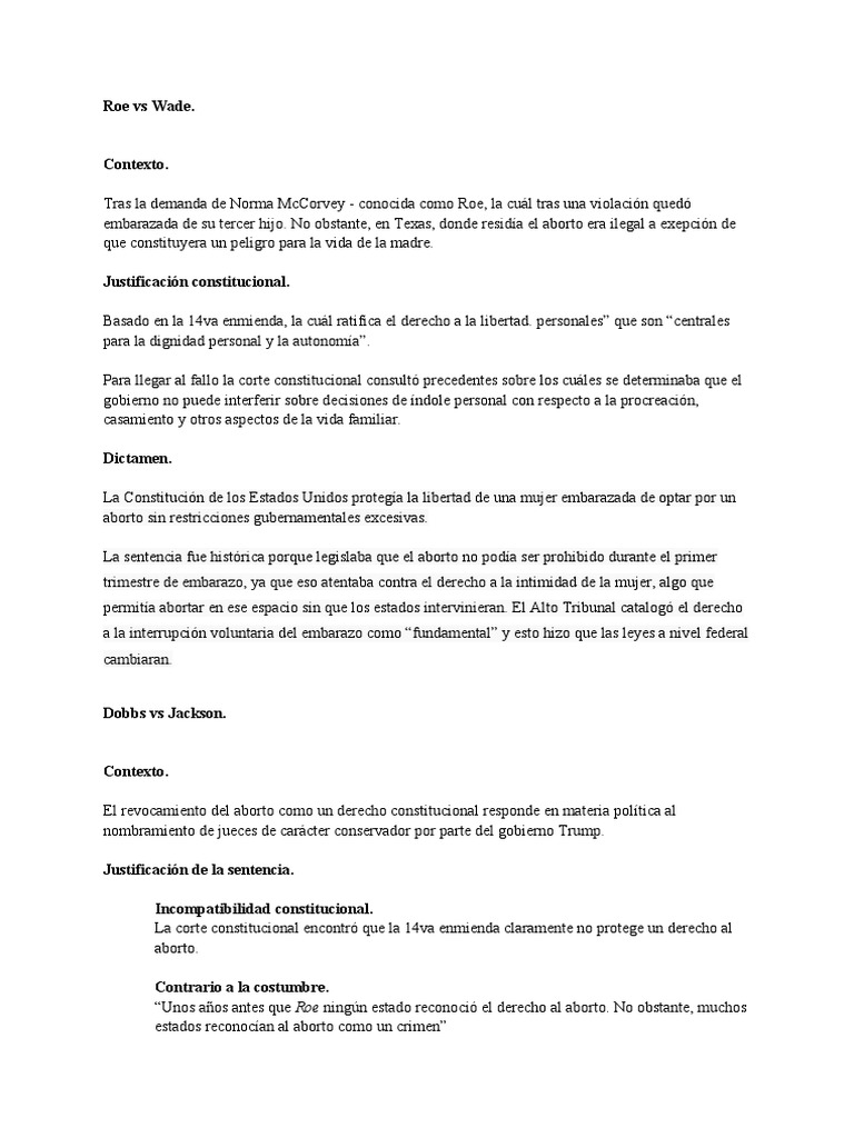 Roe Vs Wade y Dobbs Vs Jackson | PDF | Roe V. Wade | Aborto