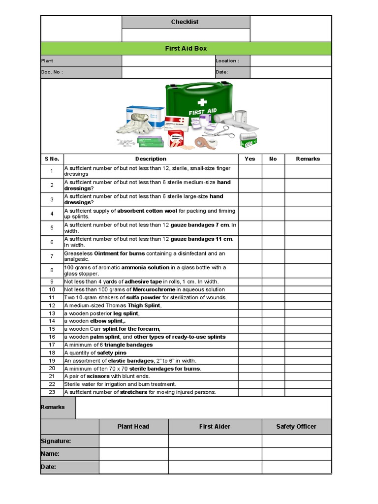 First Aid Box HSE Checklist | PDF