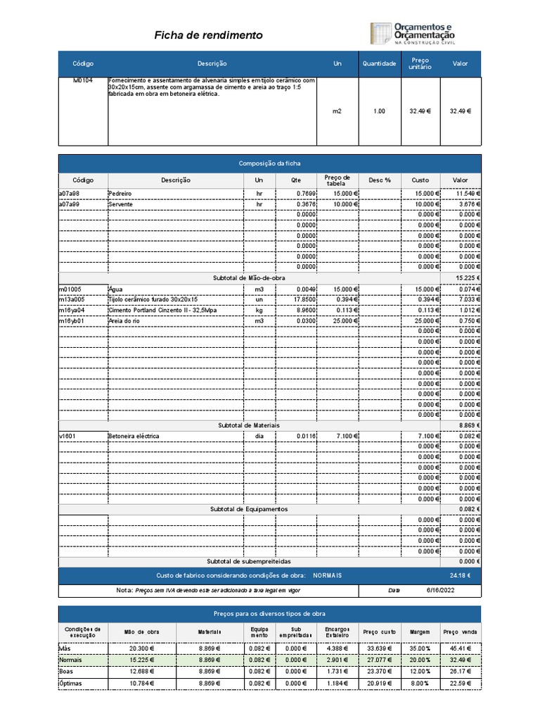 M0104 Tijolo Simples 30x20x15 Com Argamassa Tradicional | PDF ...