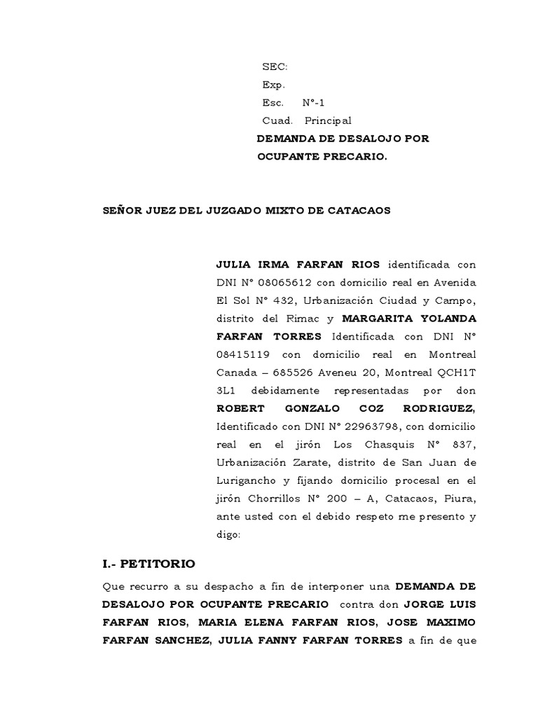 Demanda de Desalojo Ocupante Precario - Summa Juristas | PDF ...