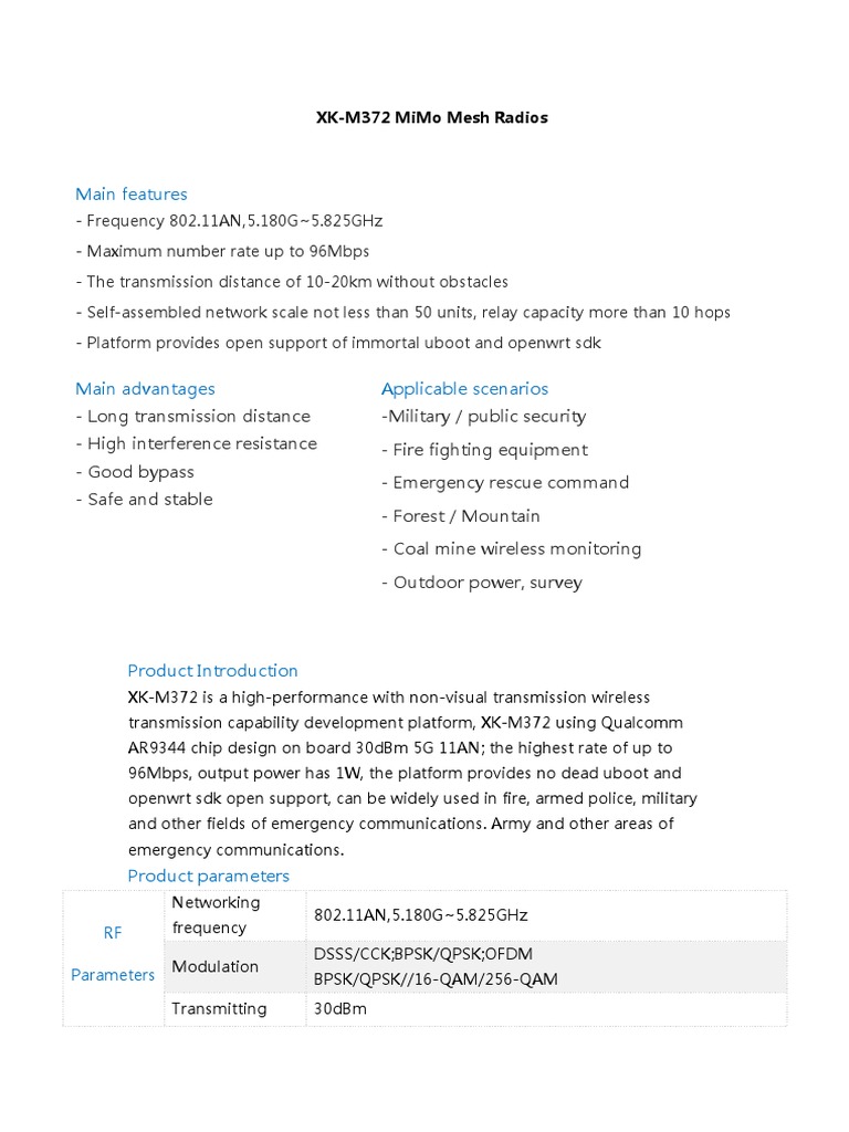 XK-M372 MiMo Mesh Radios | PDF | Ieee 802.11 | Radio