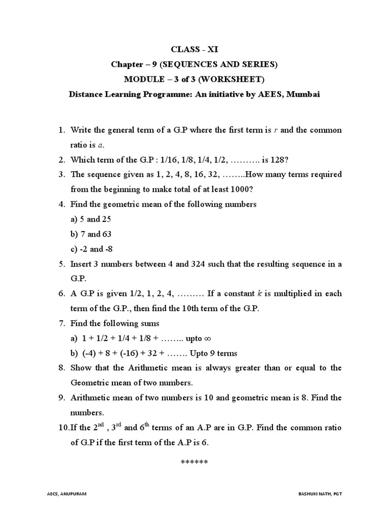 Sequences and Series Worksheet | PDF