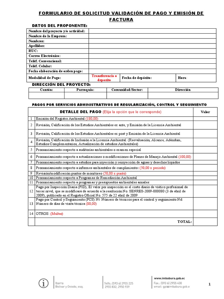 Formulario para Solicitud de Validacion de Pago y Emisión de La Factura | PDF