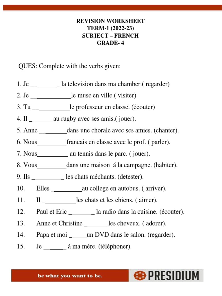 Grade 4 French WS - VERBS | PDF | Art
