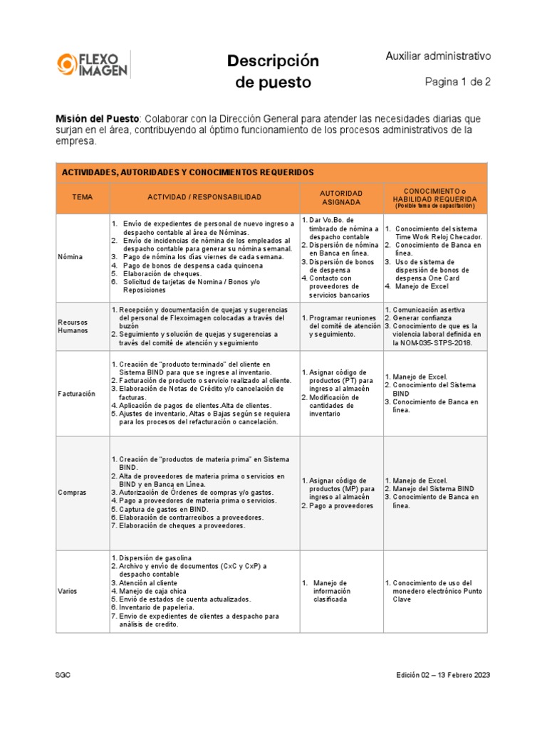 FO Descripcion de Puesto Auxiliar Administrativo ED02 | PDF | Business | Economias