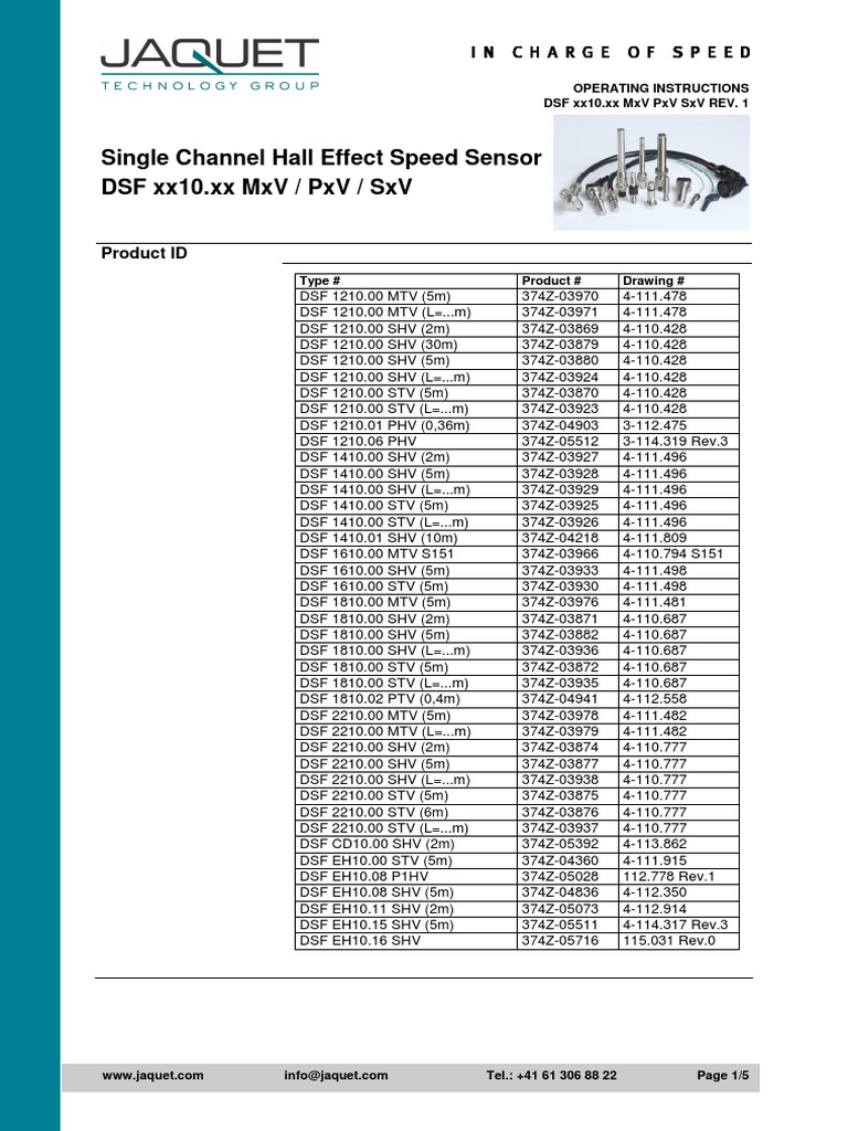Single Channel Hall Effect Speed Sensor DSF Xx10.Xx MXV / PXV / SXV ...