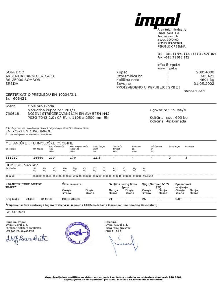 Impol Seval A.D. Prvomajska B.B. 31205 SEVOJNO Republika Srbija ...