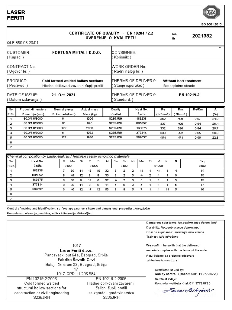 LASER FERITI CERTIFICATE OF QUALITY | PDF | Building Engineering | Physical Sciences