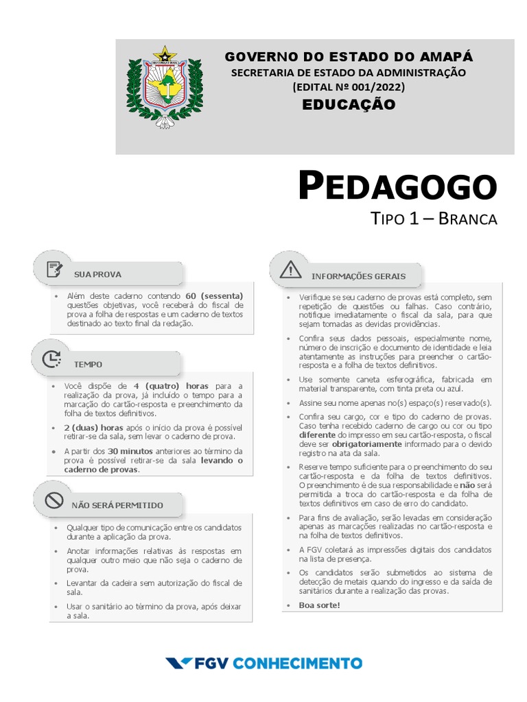Prova de Pedagogo FGV | Download grátis PDF | Pedagogia | Deficiência