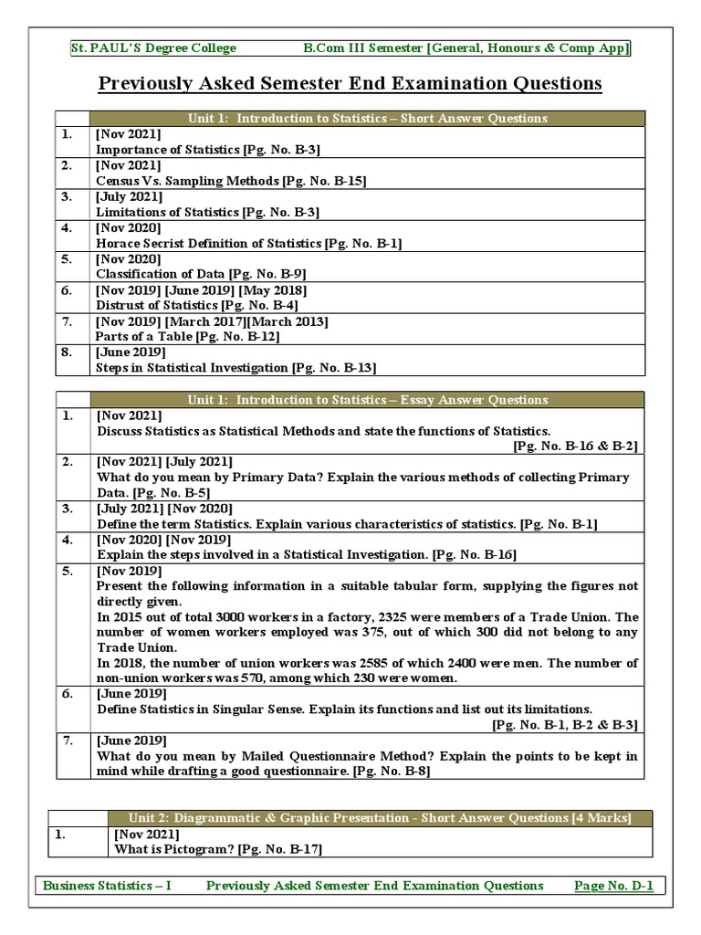 Business Statistics - I Previously Asked Questions and Solved Problems ...