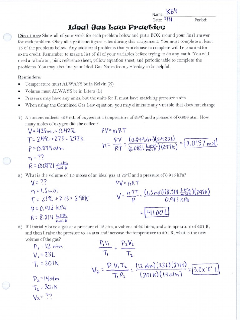 Ideal Gas Law Practice - Key | PDF