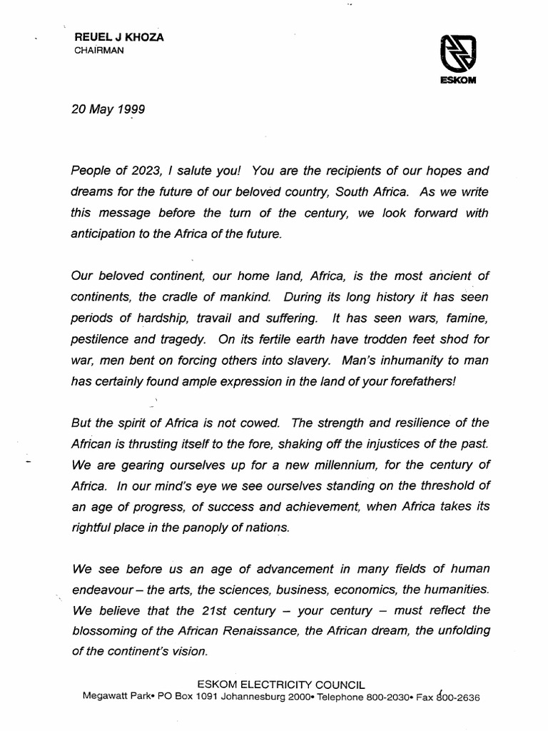 Letter From Reuel Khoza Chairman of The Eskom Board 1999 | PDF