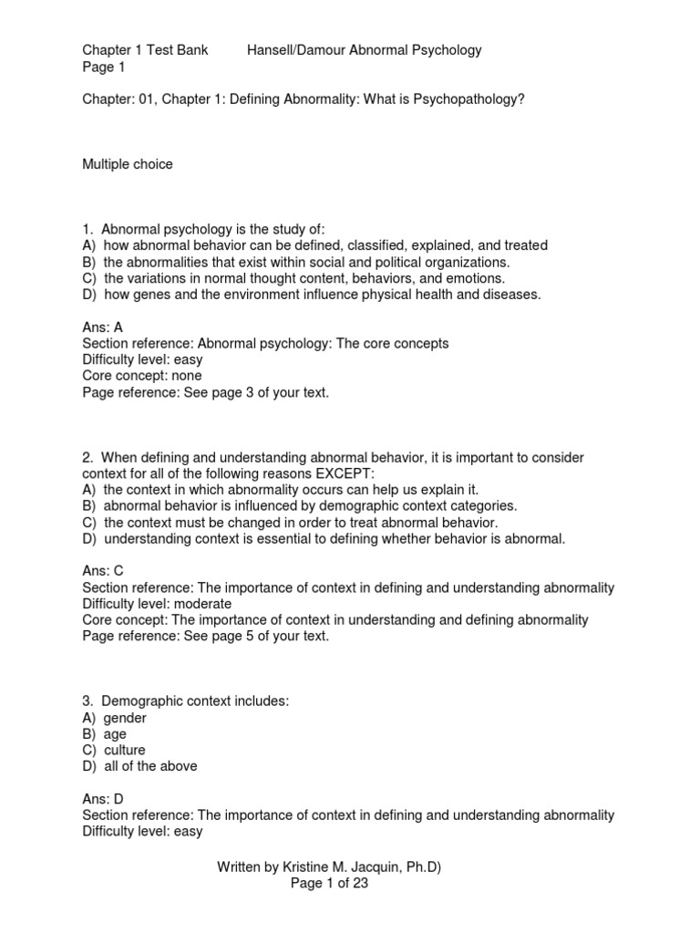 Abnormal Psychology Chapter 1 Test Bank | PDF | Mental Disorder ...