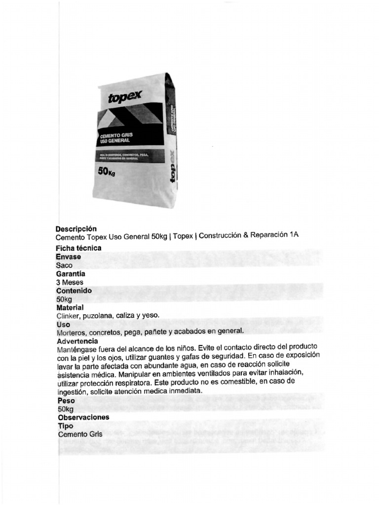 CEMENTO TOPEX USO GENERAL 50Kg | PDF