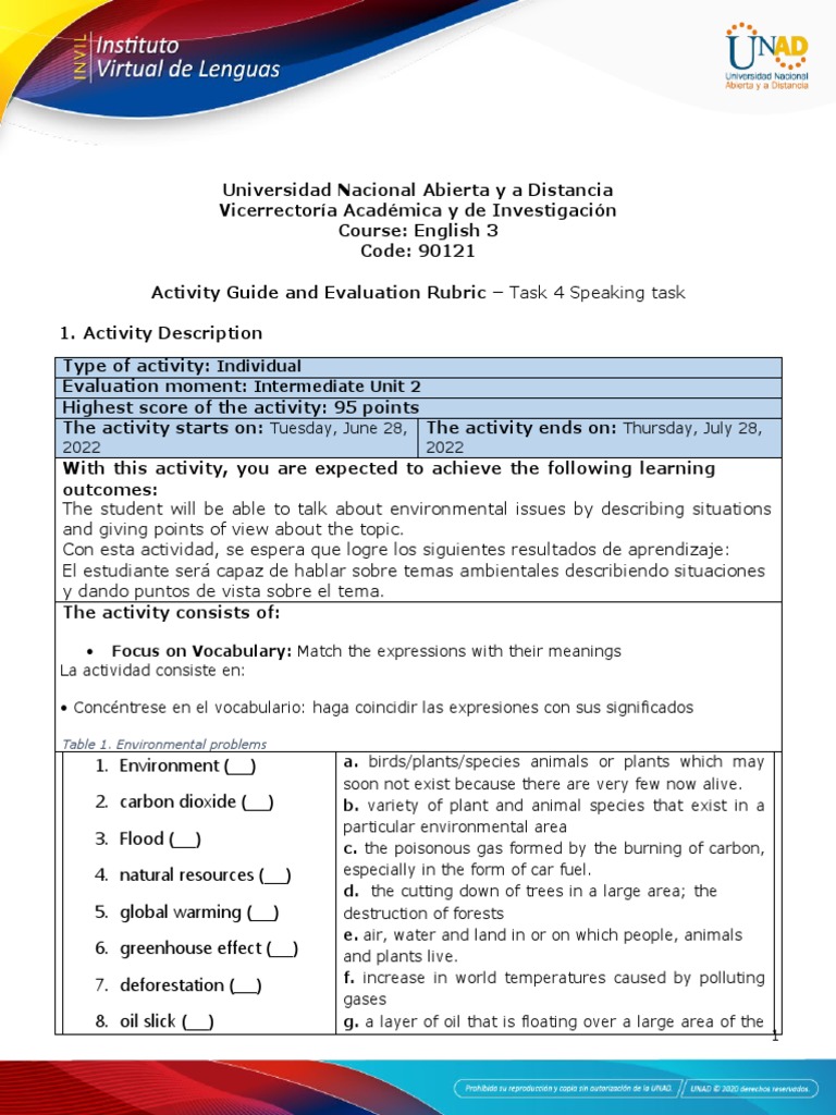 Activity Guide and Evaluation Rubric - Unit 2 - Task 4 - Time To Talk | PDF | Agua | Entorno natural