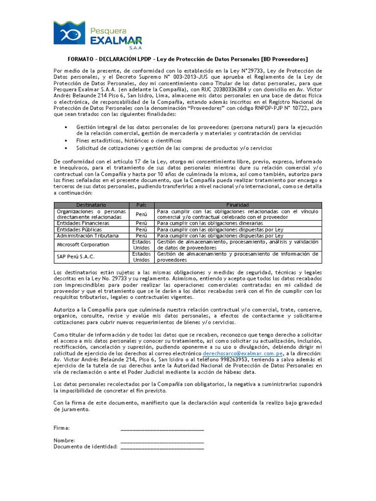 03 - Formato LPDP Ley de Protección de Datos Personales - Cláusula de ...