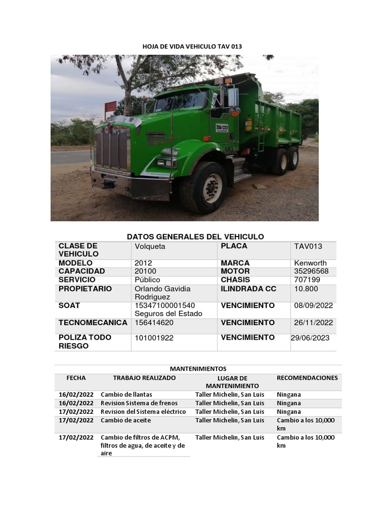 Documentos Vehiculo Tav 013 y Conductor | PDF