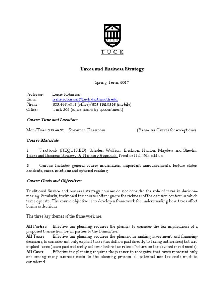 TBS - S17 - Syllabus - Final - Tax and Business Strategy | PDF | Taxes ...