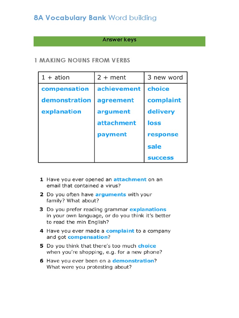 8a Vocabulary Bank Answer Keys | PDF